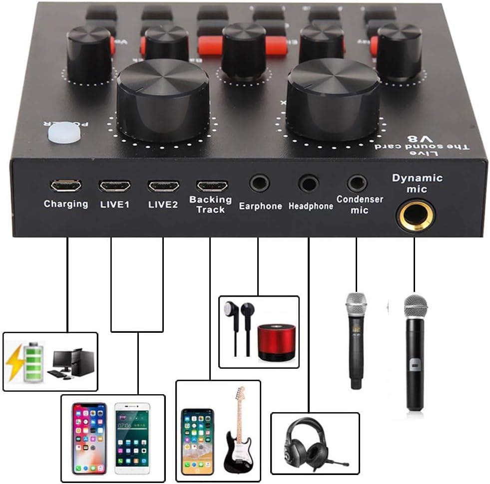 Podcast Equipment Bundle, Audio Interface with Voice Changer and BM800 Condenser Microphone, Recording Studio Package Perfect for Recording, Broadcasting, Live Streaming, YouTube, TikTok (BM800-V8B)