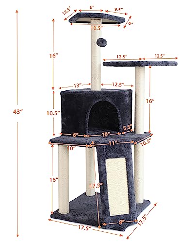 KSIIA Cat Tree for Indoor Cats 43 Inch Tall Cat Climbing Tower with Sisal-Covered Scratching Post & Board Modern Kittens Activity Condo House with Plush Perch, Grey