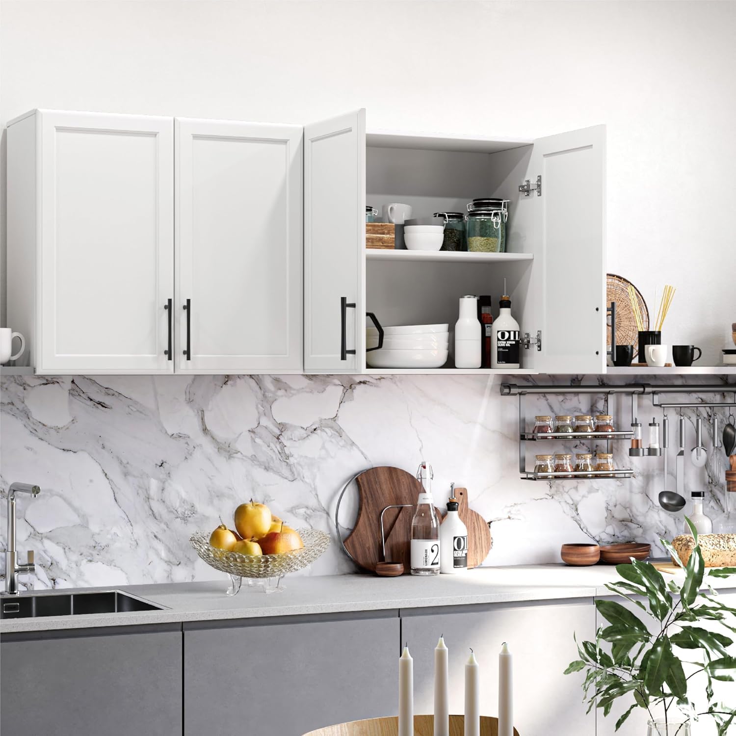 FIMELLO Wall Cabinet, Wooden Medicine Cabinet, Wall Amount Cabinet for Bathroom Laundry Kitchen Garage, White, Set of 2