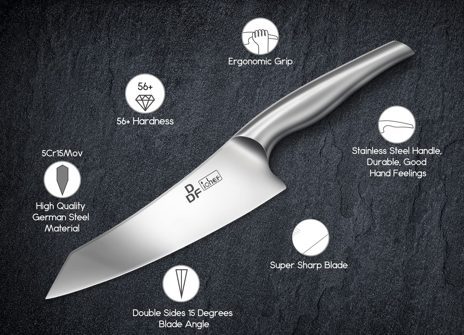 DDF iohEF Kitchen Knife Set with Block, 7 Piece Premium High Carbon Stainless Steel Knives Set with Knife Sharpener, Ultra Sharp Knife Block Set