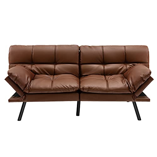 KOMFOTT Futon Sofa Bed, Faux Leather Memory Foam Convertible Futon Couch with Adjustable Backrest & Armrests, Metal Legs, Modern Loveseat Sleeper Bed Split-Back Sofa for Small Apartment & Office