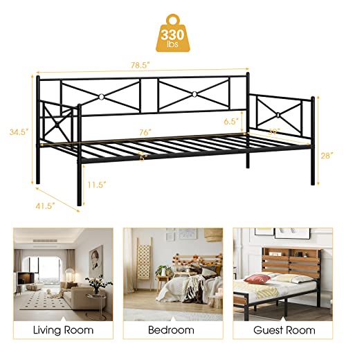 KOMFOTT Metal Daybed Frame, Twin Bed Frame with Steel Slats Support, Sofa Mattress Foundation with Headboard, No Box Spring Needed, Multifunctional Platform Bed Frame Fits Twin Mattress (Black)