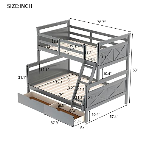 Merax Twin Over Full Bunk Bed with 2 Storage Drawers, Ladder and Guardrail, Can be Converted into 2 Separated beds, Grey