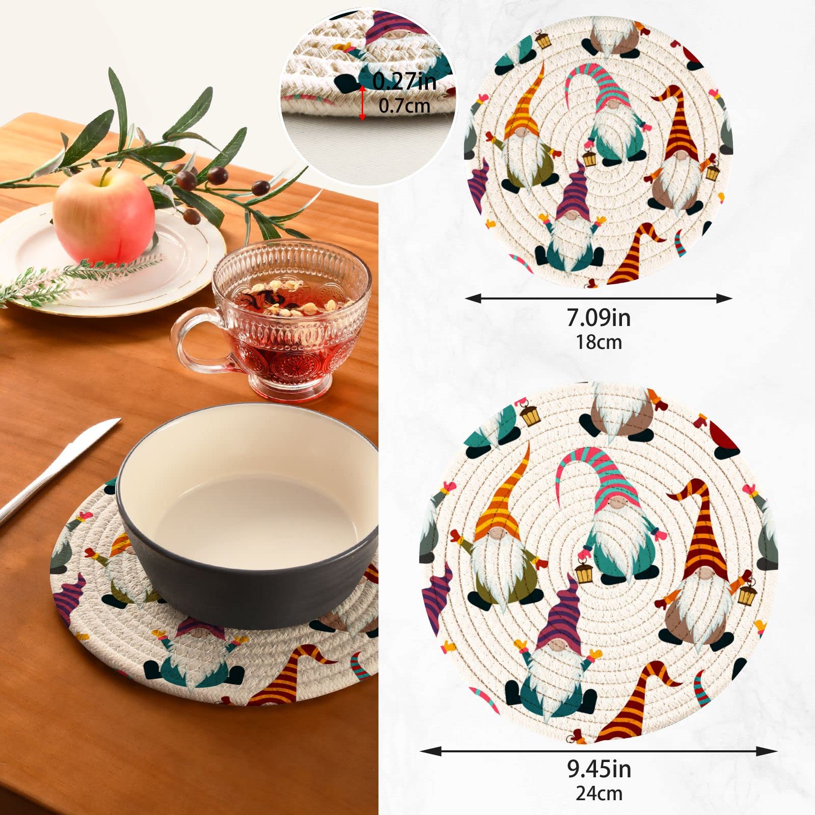 Christmas Potholders Set Trivets Set of 2, Christmas Gnomes Seamless Round Woven Pot Holder Set Coasters Hot Pads Hot Mats