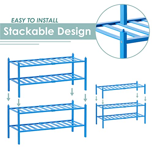 quiqear Bamboo Shoe Rack, 2 Tier Shoe Rack Organizer, Stackable & Durable Shoe Shelf Holder, Free Standing Shoe Racks, Shoe Storage Organizer for Entryway, Closet, Hallway (Blue)