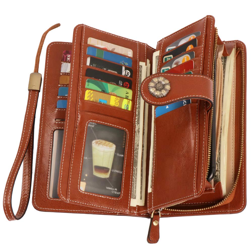 Pearl Angeli Women Wallet Genuine Leather Charming Ladies Wristlet Tri-fold Rfid Blocking Credit Card Holder Organizer Clutch(Brown)
