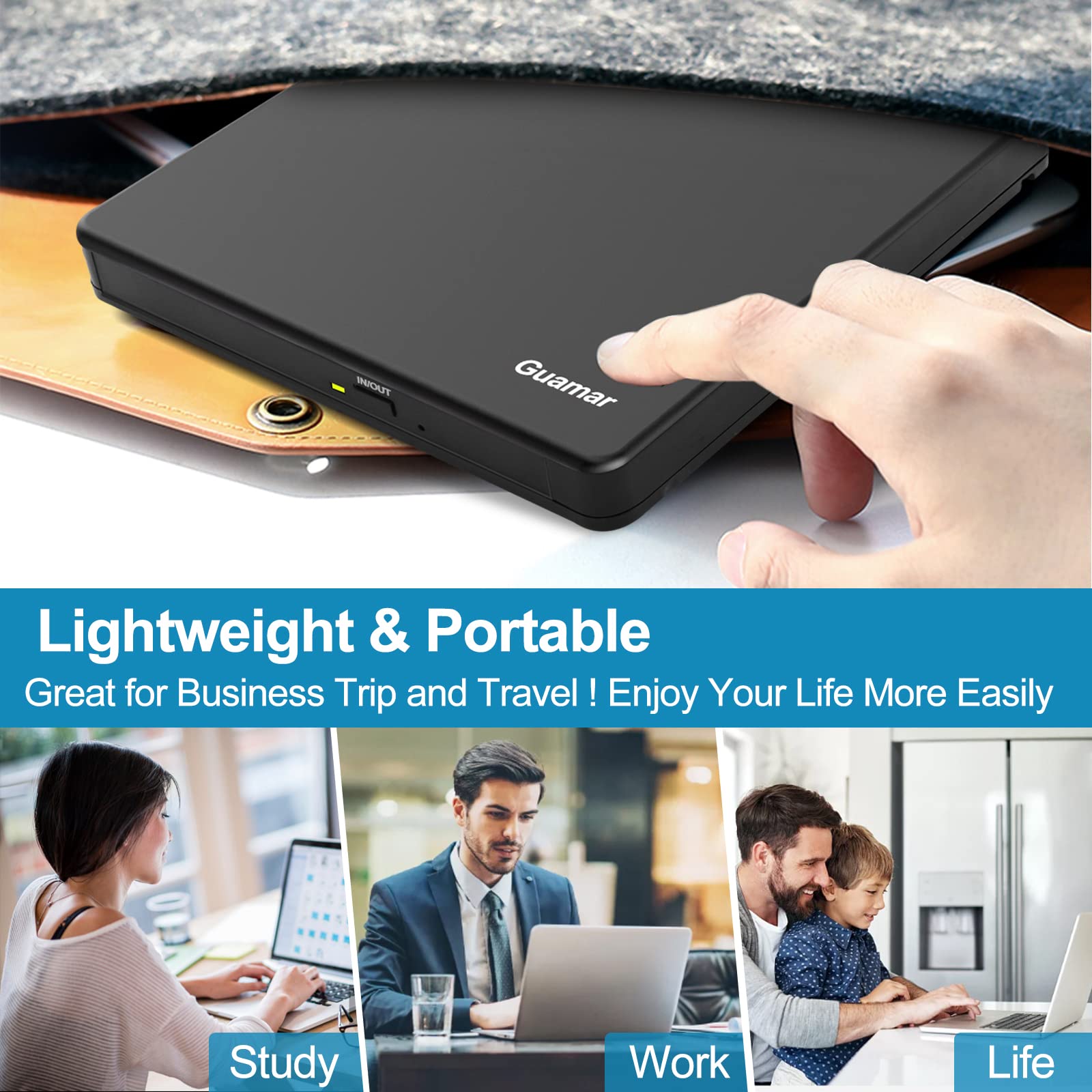 Guamar External CD/DVD Drive for Laptop, CD Burner USB C Portable DVD Player CD ROM Disk Reader with SD TF Slot 2 USB Ports, Optical Disc Drive for PC Mac MacBook Windows Linux