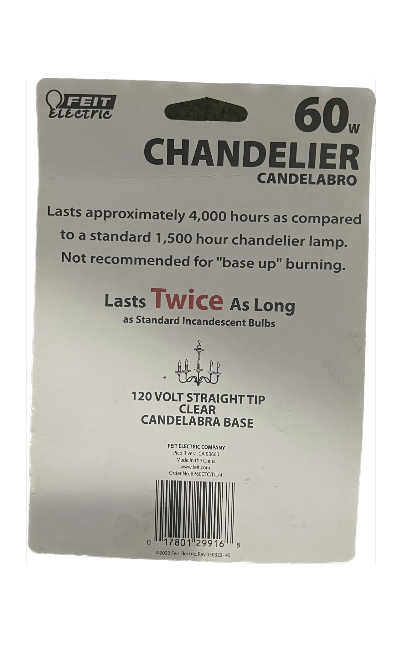 Feit Electric 60W Chandelier 120V Straight Tip Clear Candelabra Base 4 Pk