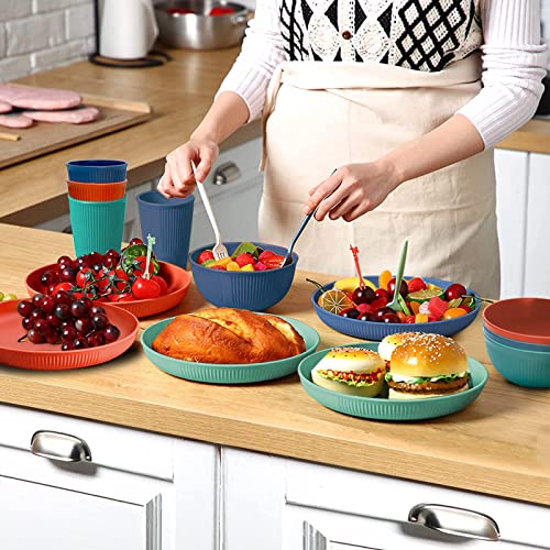 Dhnvcud 18-Piece Plates and Bowls Sets,Wheat Straw Dinnerware Sets for 6,Unbreakable Plastic Dinnerware Set,Reusable Plates,Bowls and Cups,Plastic Dishes Set for Kitchen,Outdoor Camping,RV