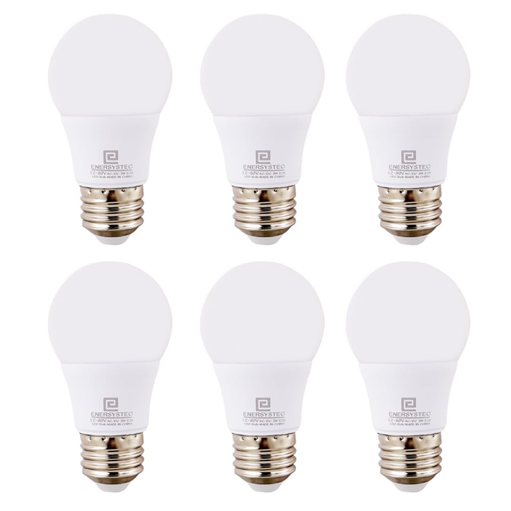 E ENERSYSTEC 12V-60V LED Light Bulb Low Voltage 12 Volt AC DC Light Bulb, Light Color 3000K Soft Light, E26 Regular Base Medium Screw 3W LED Equivalent 25W, 24V 32V 36V 48V Off Grid Light Bulb 6Pack