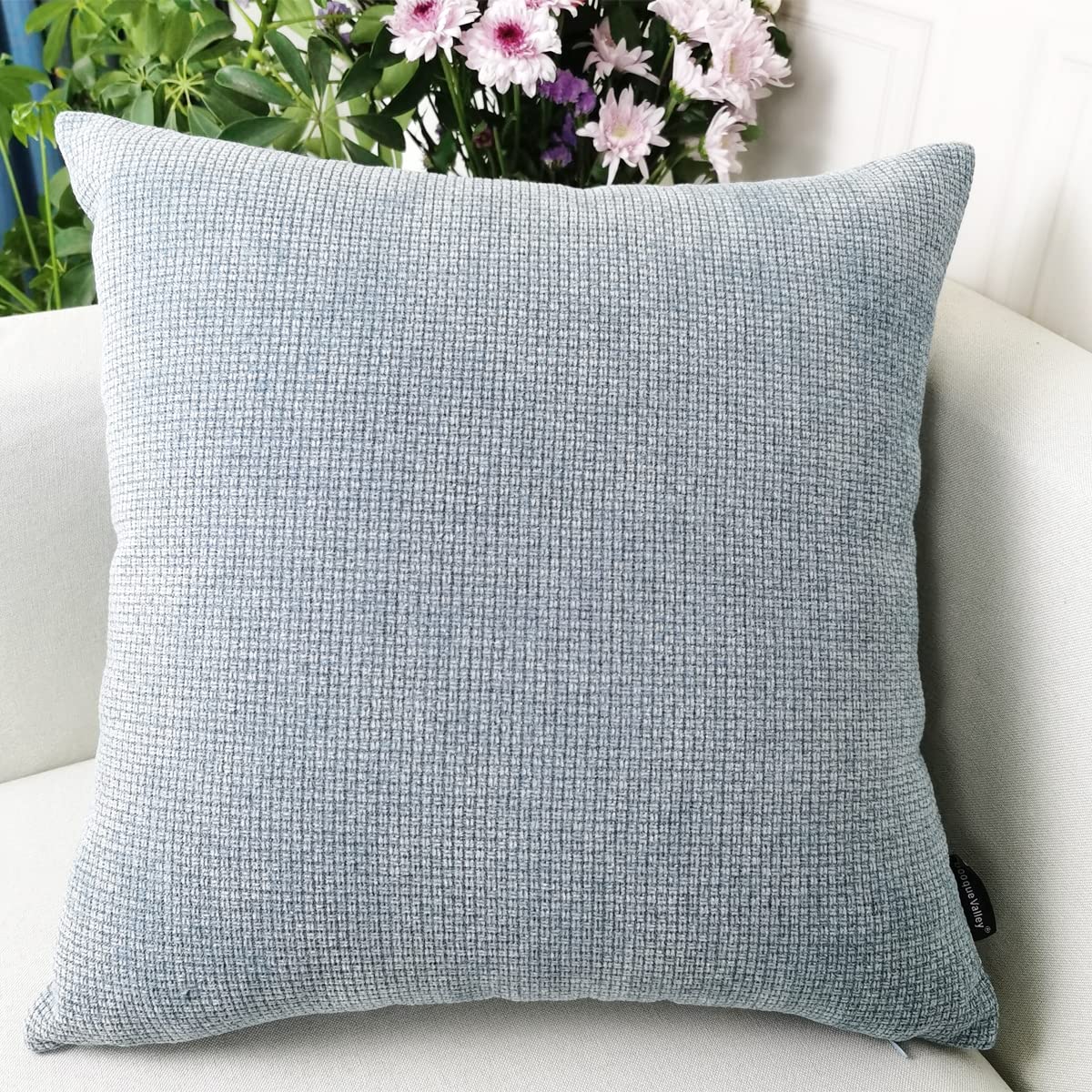 Booque Valley Pack of 2 Rough Chenille Pillow Covers,Thick Texture Solid Rustic Farmhouse Cushion Covers Square Throw Pillow Cases for Sofa Bedroom 18 x 18 Inch Light Blue