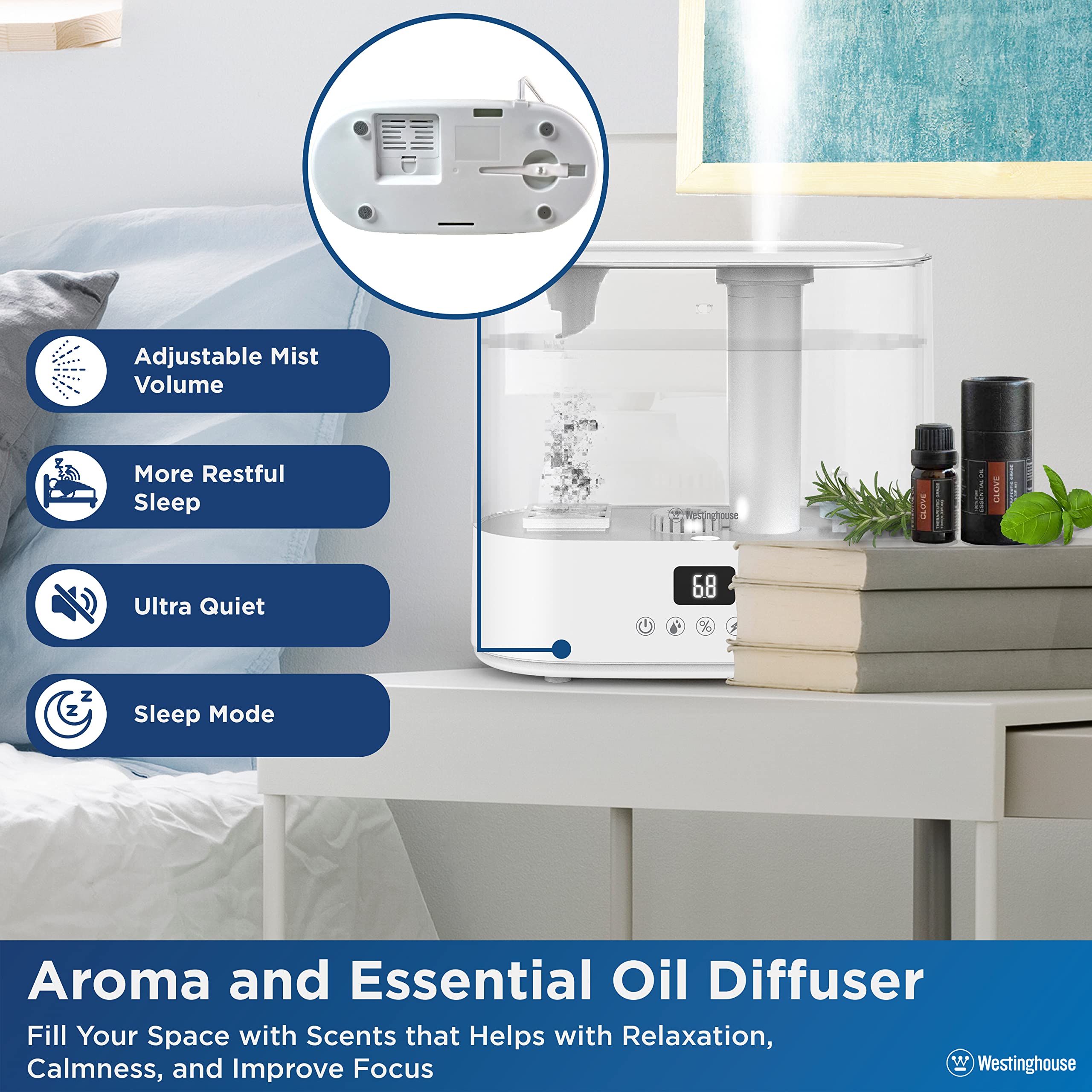 Westinghouse Humidifier and Air Purifier all in one combo with Smart Humidity Sensor Control for Bedrooms with Essential Oil Diffuser and Remote, Black