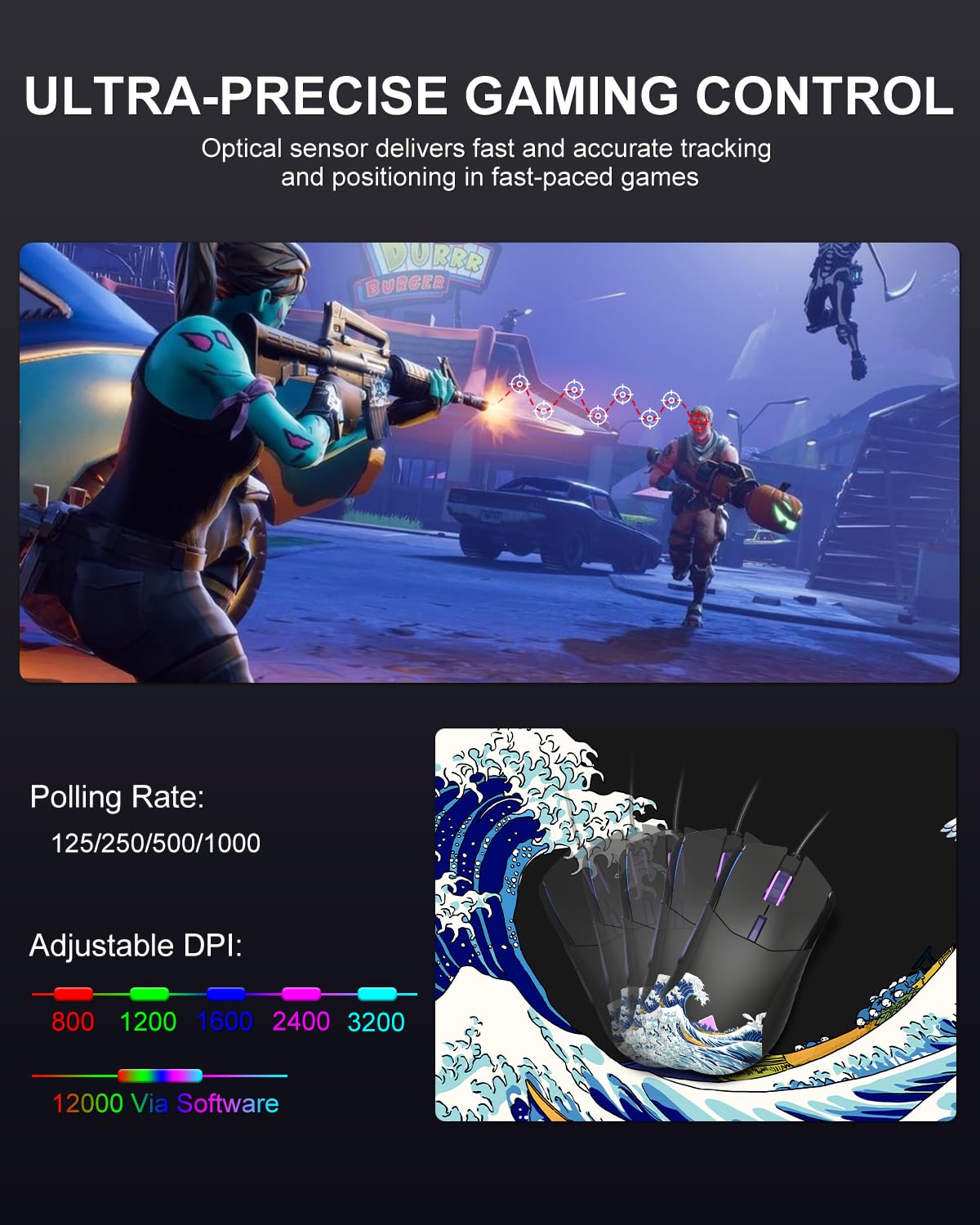 COSTOM G705 Wired Gaming Mouse, RGB Backlit PC Gaming Mouse with Adjustable 12000DPI/7 Programmable Buttons, Gamer Computer USB Mouse for Windows Mac Laptop PC, Coral Sea Theme