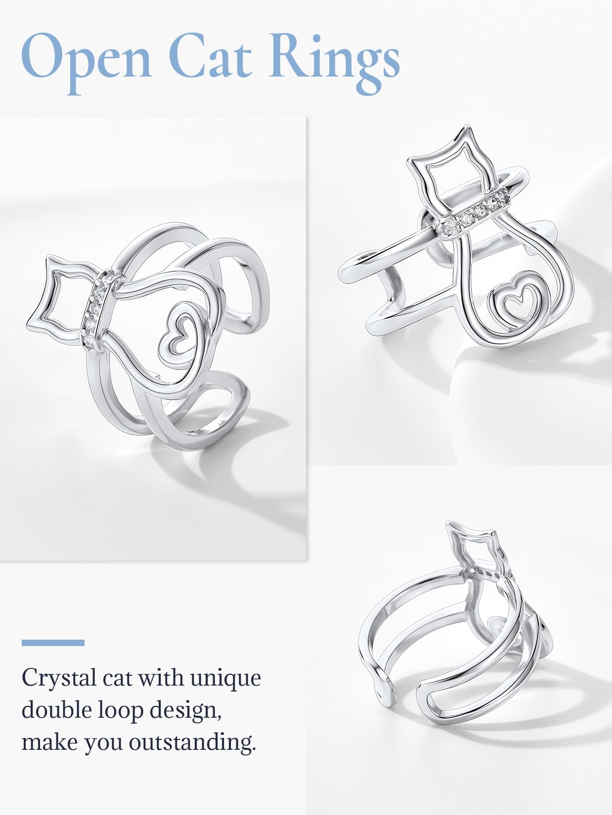 SILVERCUTE 925 Sterling Silver Cat Cute Ring Glittering Heart Cubic Zirconia Sparkle Adjustable Ring