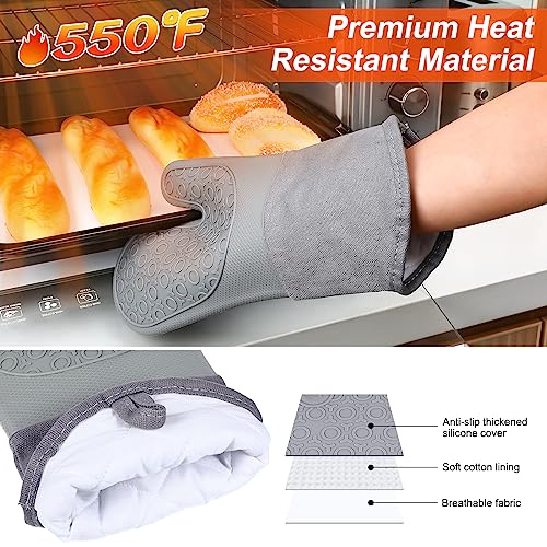 Oven Mitts and Pot Holders Sets, Silicone Oven Mitts Heat Resistant 550℉ Kitchen Oven Mits/Glove Set, Extra Long Kitchen Mittens and Hot Pads Pot Holder with Basting Brush for Baking Cooking Grilling