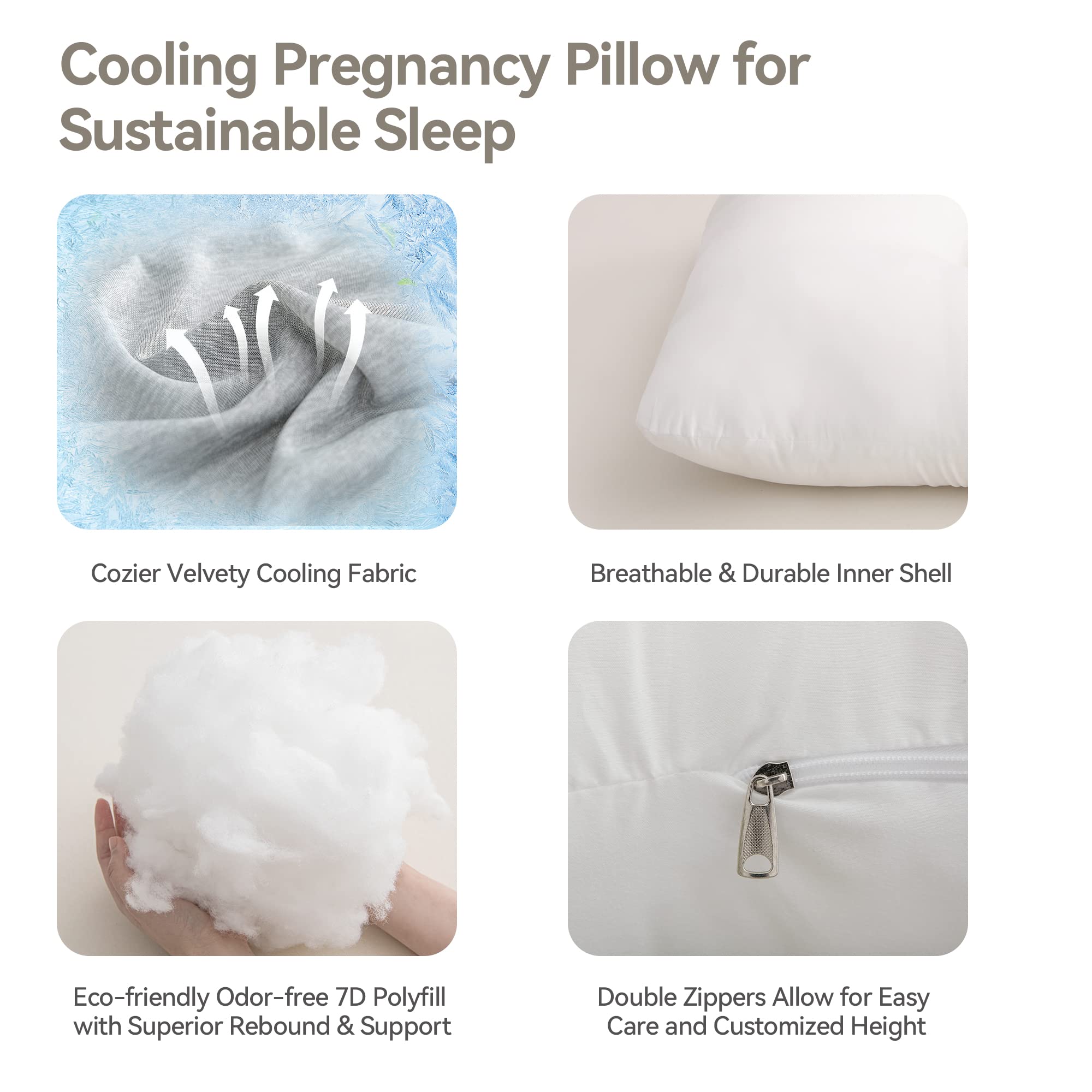 Insugar Pregnancy Pillows for Sleeping with Cooling Cover, U Shaped Body Pillows for Pregnancy, Maternity Pillow for Pregnant Women, Support Belly, Back and Knees, 55 x 28 Inch Grey