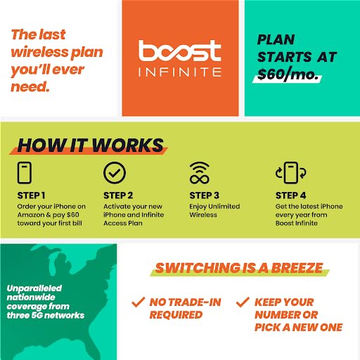 Boost Infinite iPhone 15 (256 GB) — Blue [Locked]. Requires unlimited plan starting at $60/mo.