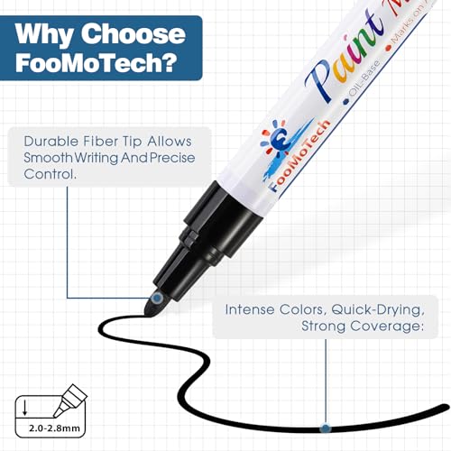 FooMoTech White Paint Pen Paint Markers - Permanent Acrylic Markers 2 Pack, Oil Based, Medium Tip, Quick Dry, Wateproof Paint Markers for Rock, Fabric, Metal, Wood, Plastic, Canvas, Leather, Glass