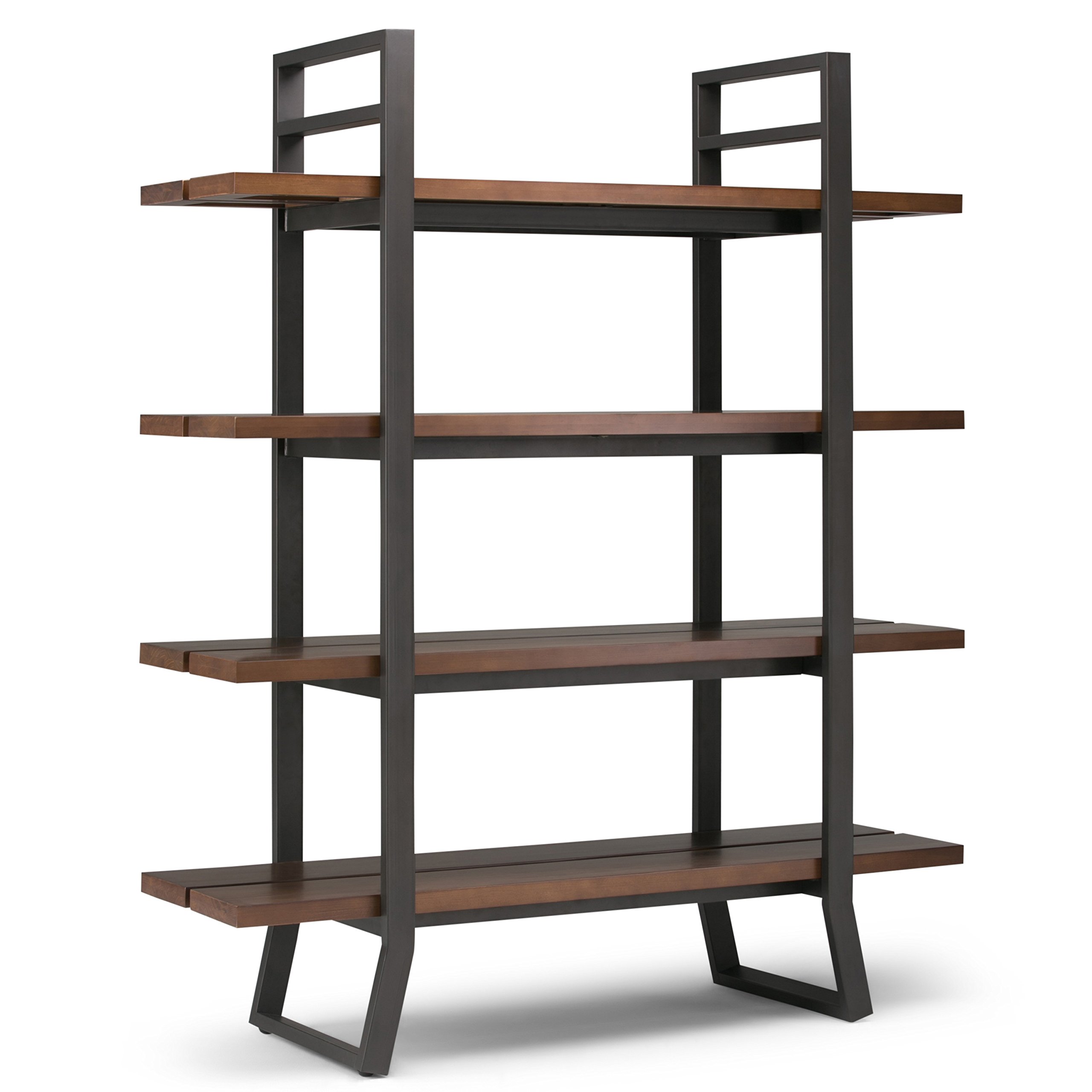SIMPLIHOME Adler SOLID WOOD and Metal 66 inch x 54 inch Modern Industrial Bookcase in Light Walnut Brown with 4 Shelves, for the Living Room, Study and Office