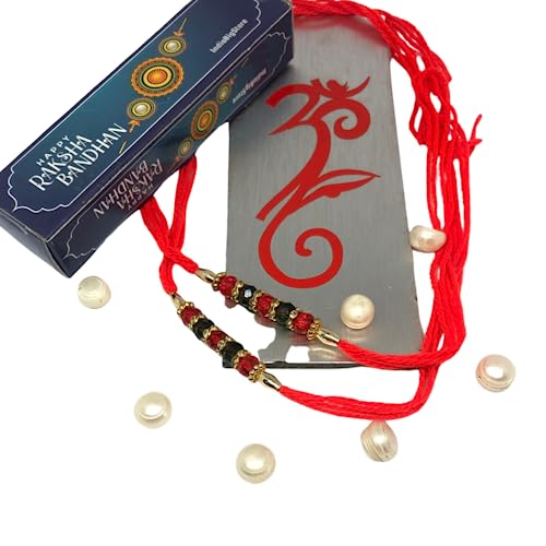 IndiaBigShop Rakhi for Bhaiya, 2 Ring Stone Brother Rakhee, Rakhi, Red-Green Crystal with Stone Rings Rakhi Thread- Set of 2