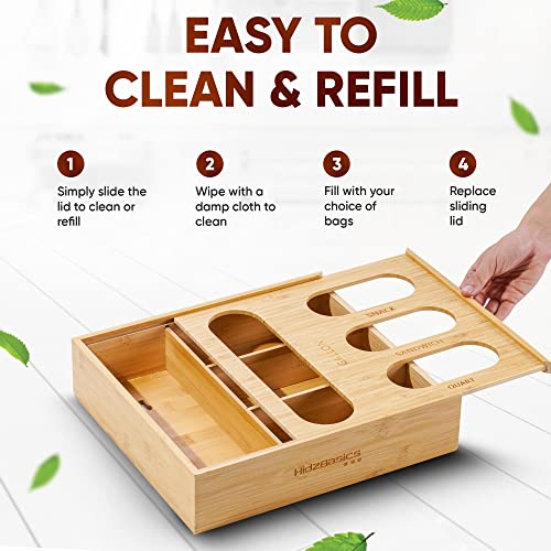 HidzBasics Ziplock Bag Organizer โ Bamboo Ziplock Bag Storage Organizer for Gallon, Quart, Sandwich, and Snack Size Food Bags โ Baggie Organizer for Kitchen Drawer and Pantry โ Wooden Slider Lid