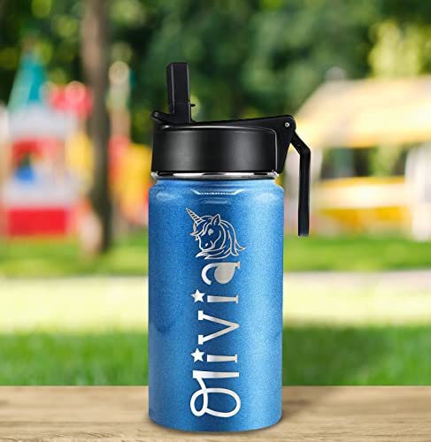 Personalized Kids Water Bottle with Straw Lid on Baby Blue Glitter for School Engraved Custom Children Name 12 oz Modern Insulated Stainless Steel Steel