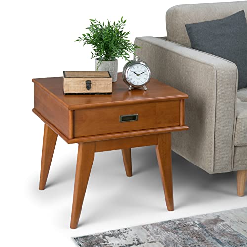 SIMPLIHOME Draper Solid Hardwood 22 inch wide Rectangle End Side Table in Teak Brown with Storage, 1 Drawer, for the Living Room and Bedroom