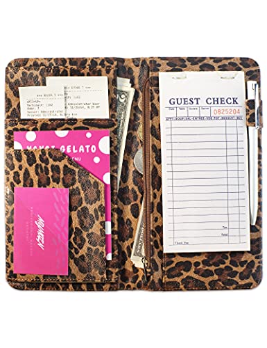 Server Book for Waitress Book with Zipper Pocket, 5x9 Leopard Magnetic Closure Server Wallet with Money Pocket and Zipper Pouch, Restaurant Waitstaff Organizer Fit Server Apron
