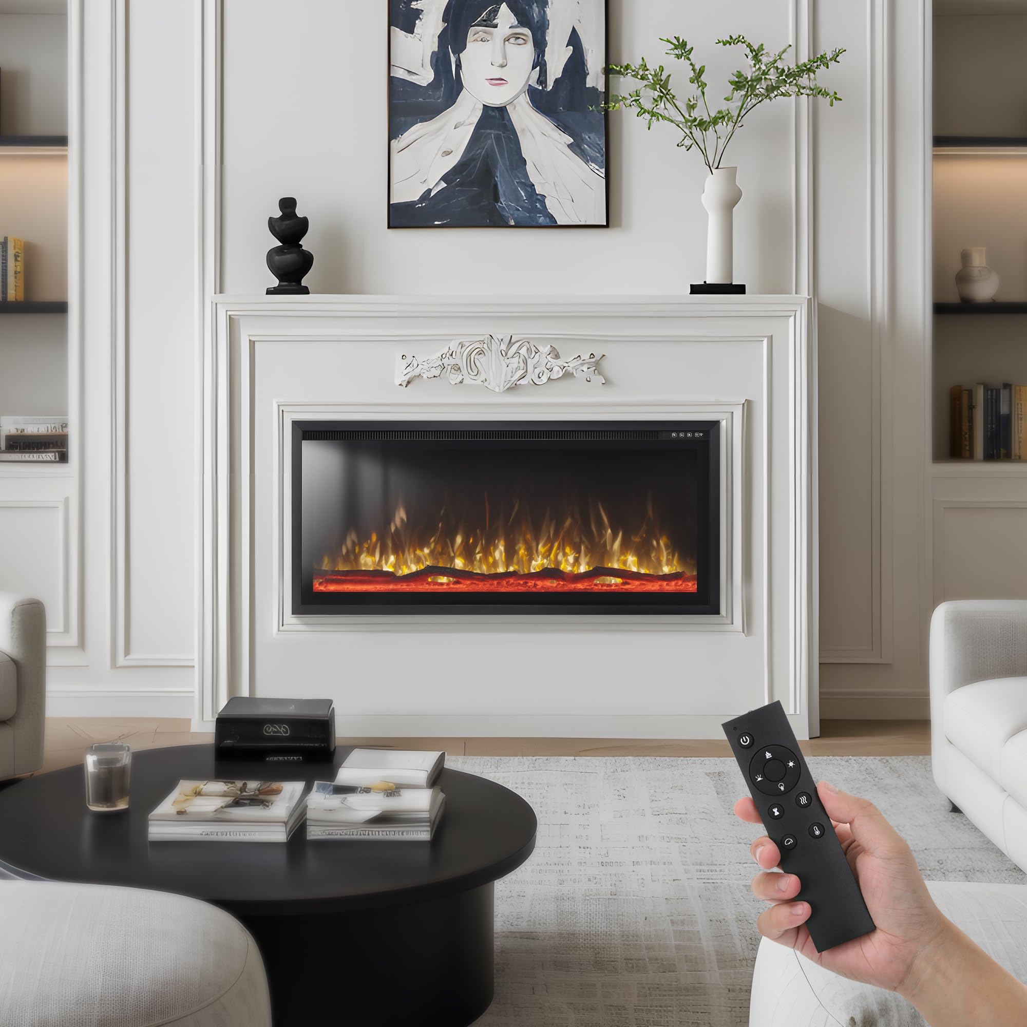 PHI VILLA 30 Inch Electric Fireplace Inserts, Wall Mounted & Recessed Electric Fireplace Heater Low Noise with Remote Control, Timer, Touch Screen, Adjustable Flame Color, 1500W (Black)