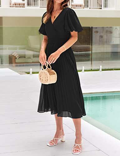 MEROKEETY Womens 2023 Summer Puff Sleeve Wrap V Neck Pleated Flowy Midi Dress for Wedding Guest,Black,M
