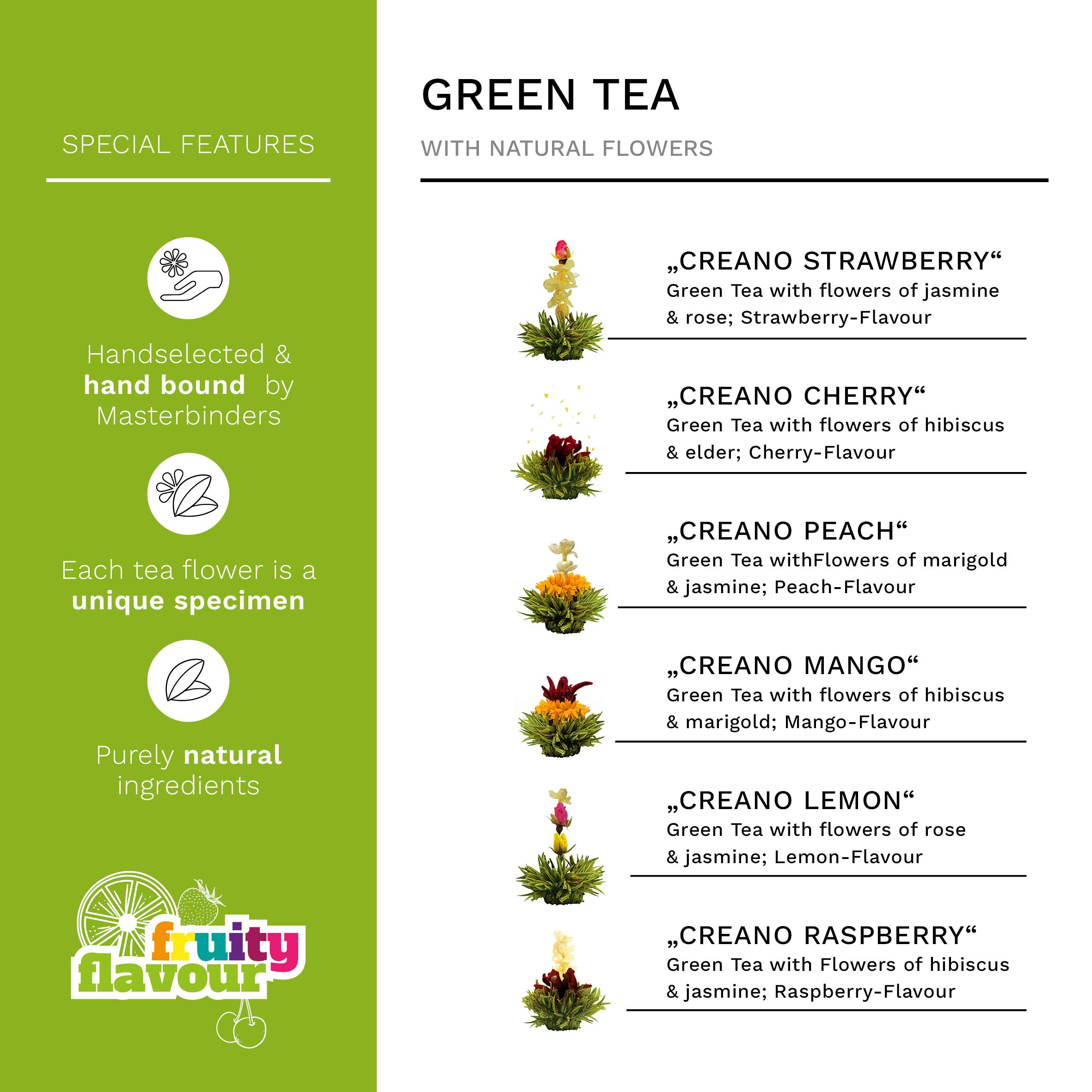 Creano Blooming Tea Gift Set with Glass Teapot 17oz (500ml) - Green Tea Fruity Flavoured Tea Flowers in 6 Varieties - Flowering Tea Gift for Easter