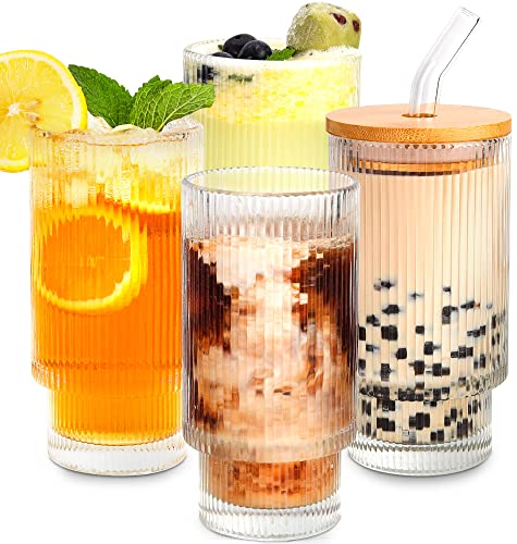 Rantonly 4Pack Ribbed Glass Cups 16oz with Bamboo Lids and Straws, Drinking Glasses Tumbler Cups-Reusable, Vintage Glass Cups, Elegant Ribbed Glassware for Beer Smoothie Whiskey