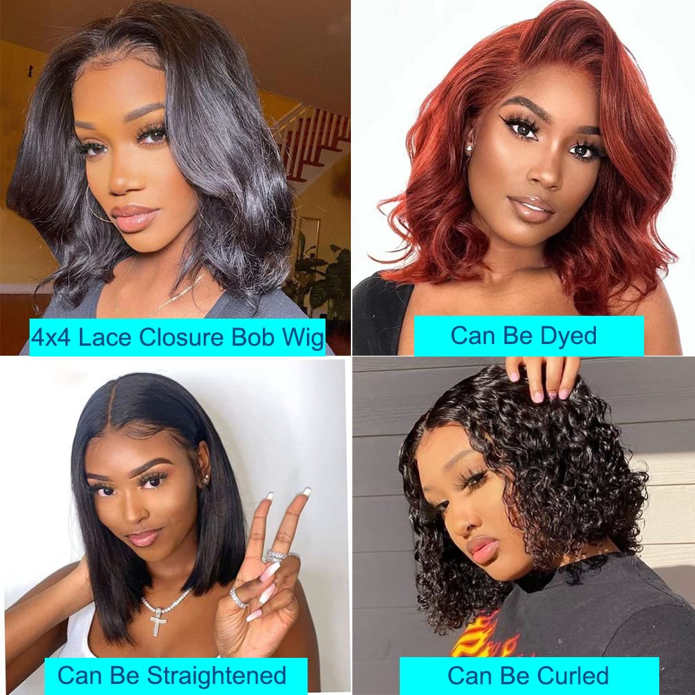 Bugtum Short Bob Human Hair Wig - 4x4 Lace Front, Pre-Plucked, Body Wave, Ocean Wave - Natural Color (10 Inch)