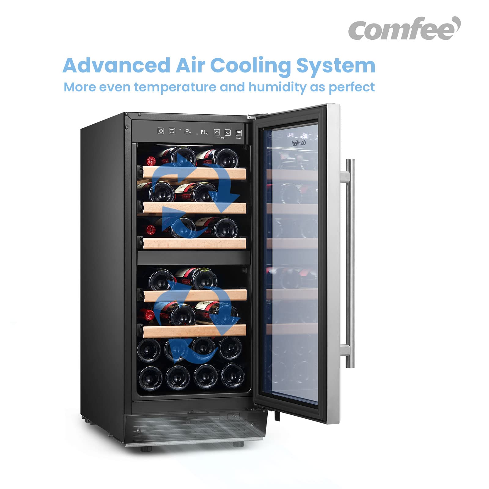 COMFEE' CRW28B7AST Freestanding & Built-in Wine Cooler, 28 Bottles Wine Fridge, Dual Cooling Zone, Digital Control, Glass Door Stainless Steel Frame
