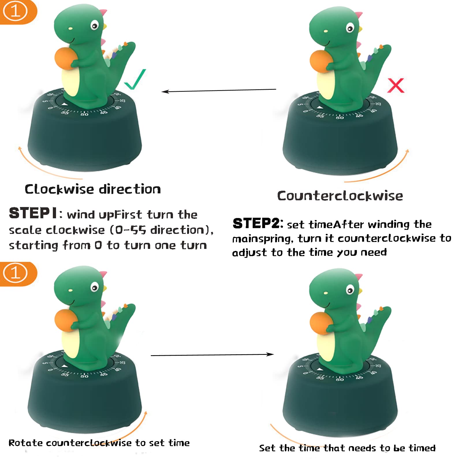 Cute Kitchen Timer Cartoon Dinosaur Timer Mechanical Counters Timer Animal Digital Countdown Timer for Housewife Office Worker Student (Dark Green)