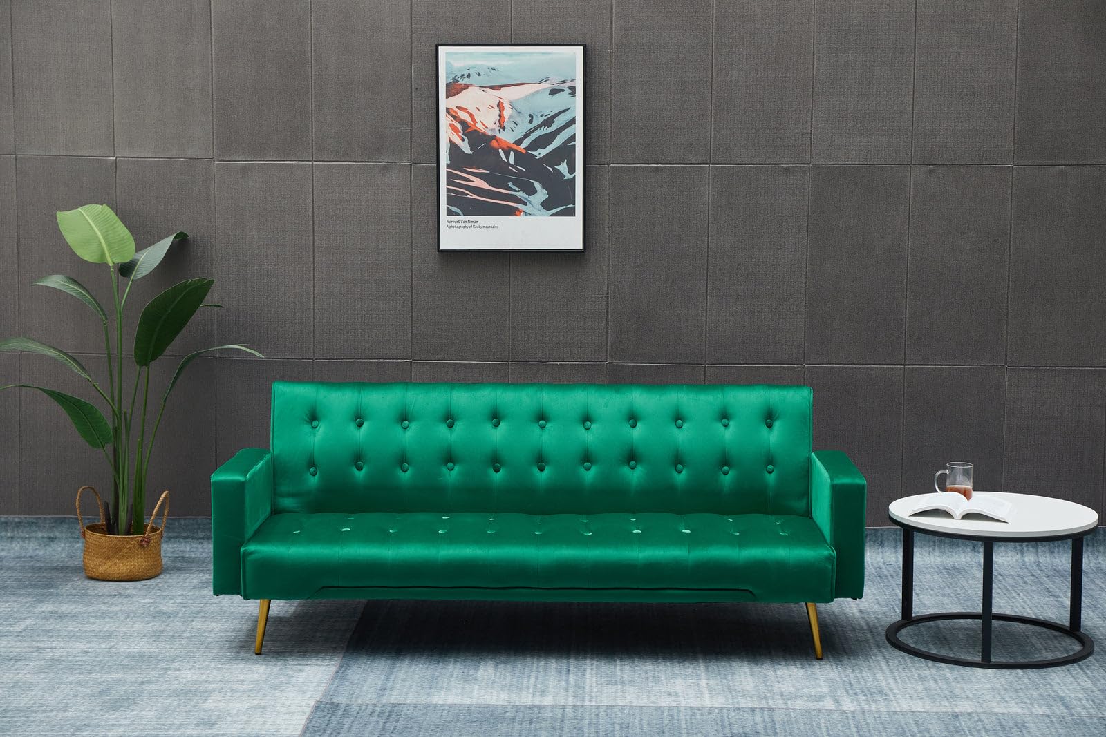 FEIYAW 75 Inch Velvet Futon Sofa Bed with Adjustable Back, Convertible Futon Couch, w/Tufted Buttoned Design & Metal Legs, Upholstered Slpper Bed for Home, Small Space Apartment
