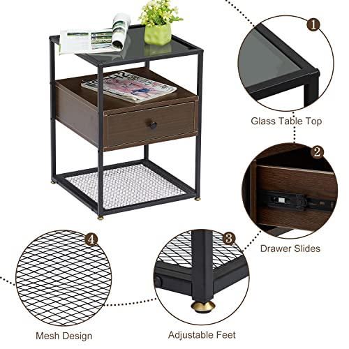 Kinfant End Table Set with Drawer - Nightstand Bedside Table with Mesh Shelf, Side Table with Glass Top for Hallway, Living Room, Bedroom, Rustic Brown and Black (2)