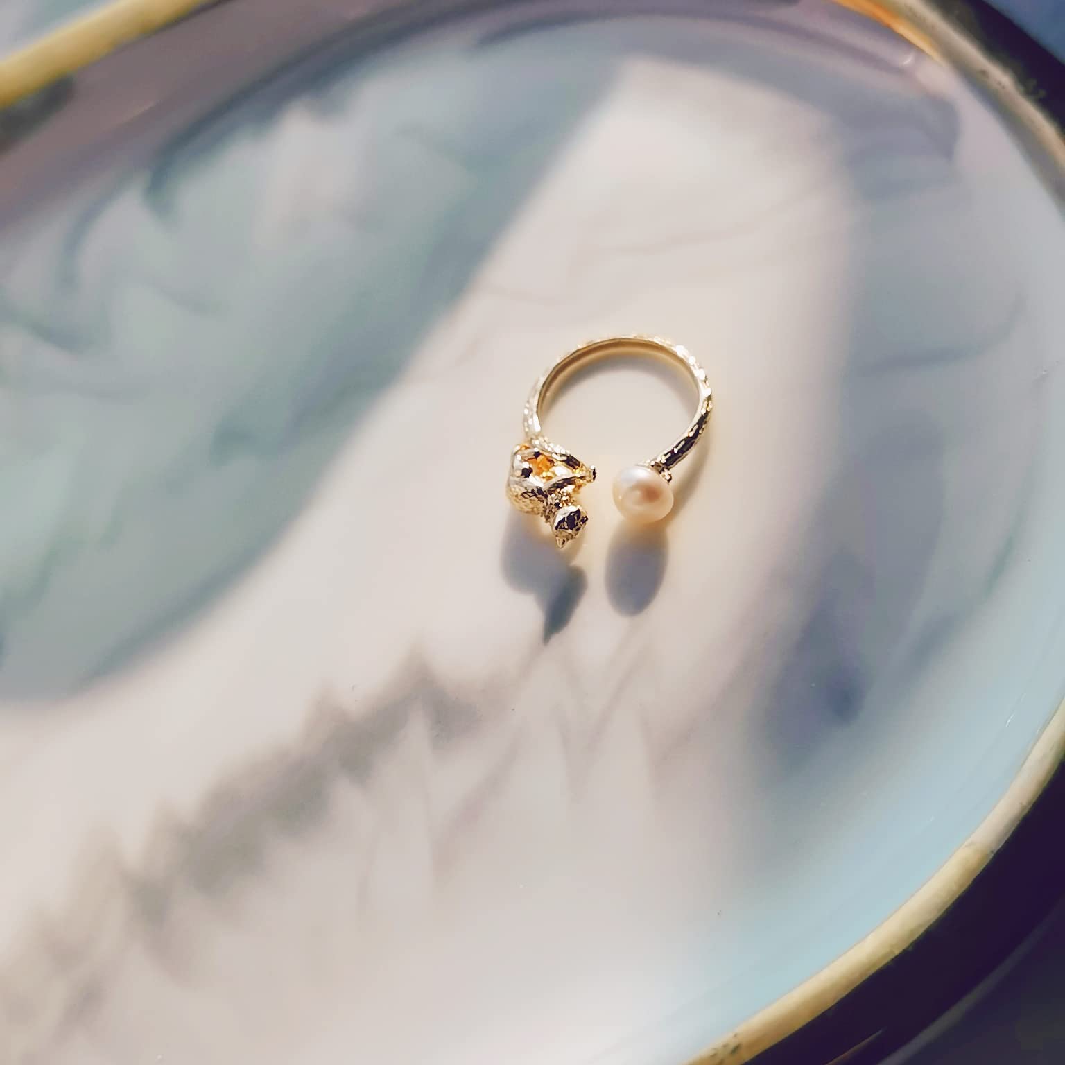 CCijiNG Christmas Pearl Ring for Women 14K Gold Plated Adjustable Open Wrap Ring Fashion Eternity Statement Jewelry for Christmas Gift(Cat Pearl)