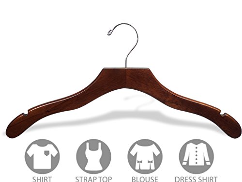 Wavy Wood Top Hanger, Box of 50 Space Saving 17 Inch Wooden Hangers w/ Walnut Finish & Chrome Swivel Hook & Notches for Shirt Jacket or Dress by The Great American Hanger Company