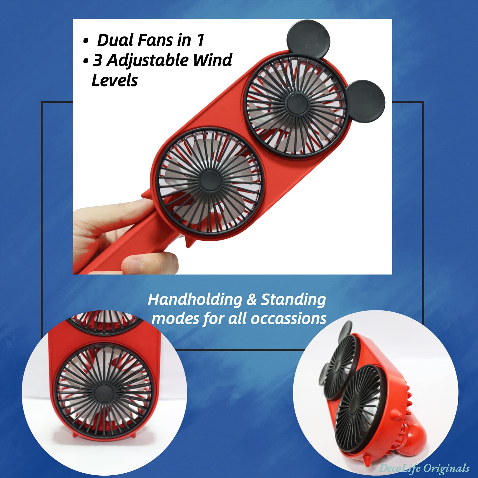 DecoLife Cute Mouse Mini Fan, Portable USB Rechargeable Handheld Personal Fan, Twin Window Dual Fan with 3 Adjustable Speeds(Pink)