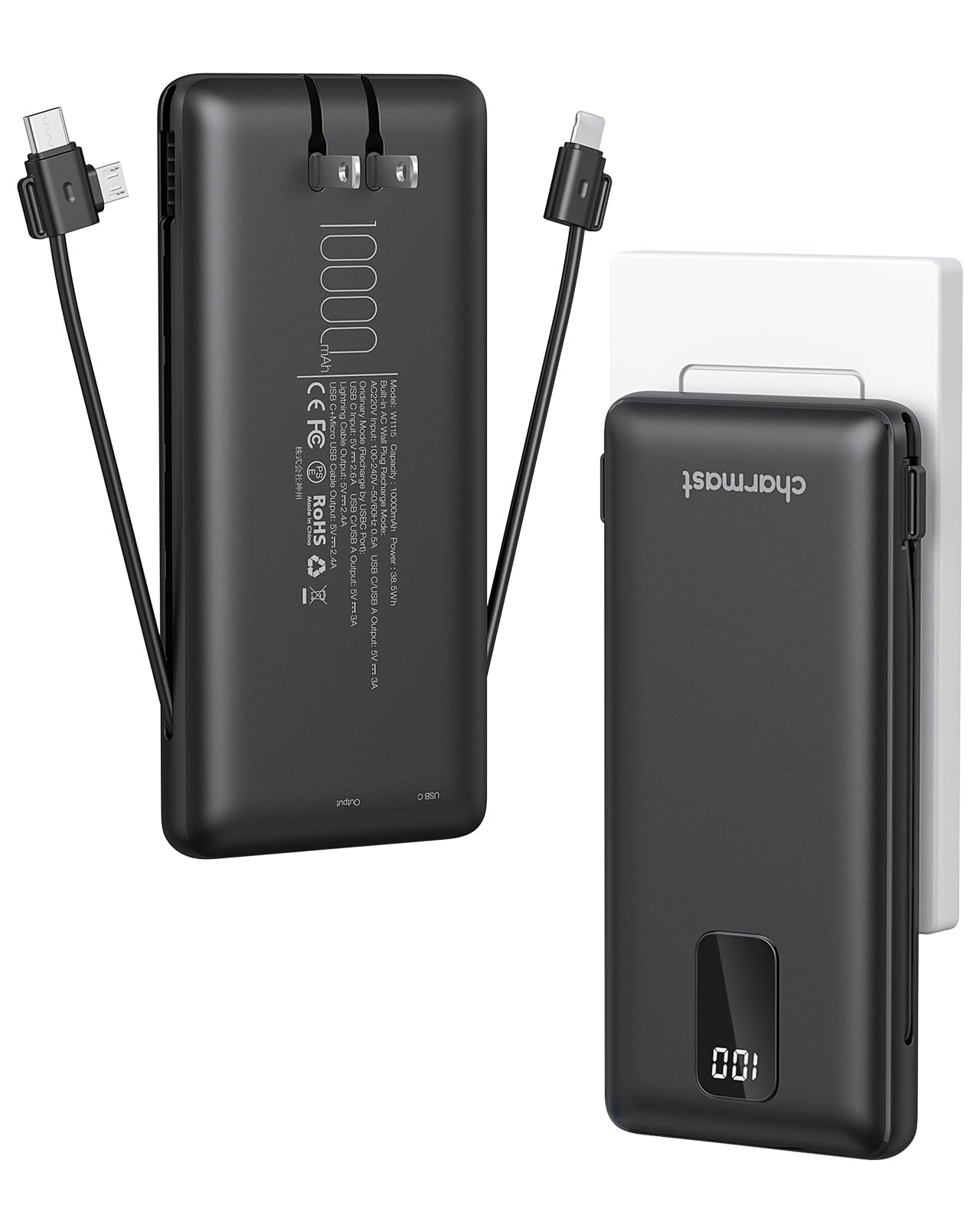 Charmast Portable Charger with Built-in Cables and AC Wall Plug, 10000mAh Compact Slim Power Bank, External Battery Pack, Travel Essentials Compatible with iPhone, Samsung, iPad, All Cellphones