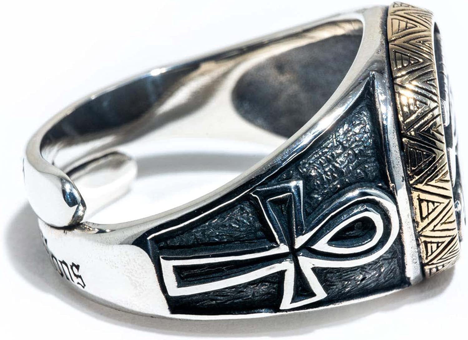 COSUMOSU 925 Sterling Silver Egyptian Eye of Horus Ankh Cross Ring Adjustable for size US 9~12