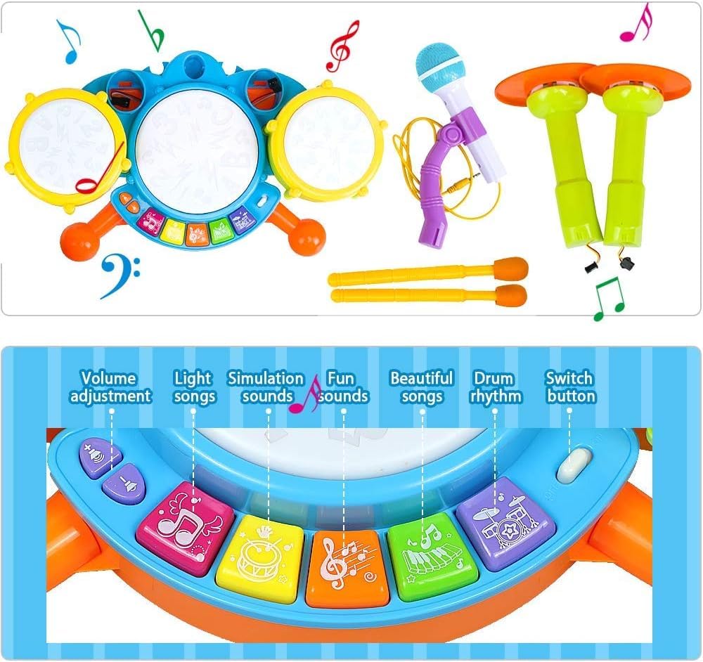 POKONBOY Kids Drum Set for Toddler 1-3, Musical Instruments Learning Toys with 2 Drum Sticks Adjustable Microphone Birthday for Boys Girls 6 12 18 Month (Yellow)