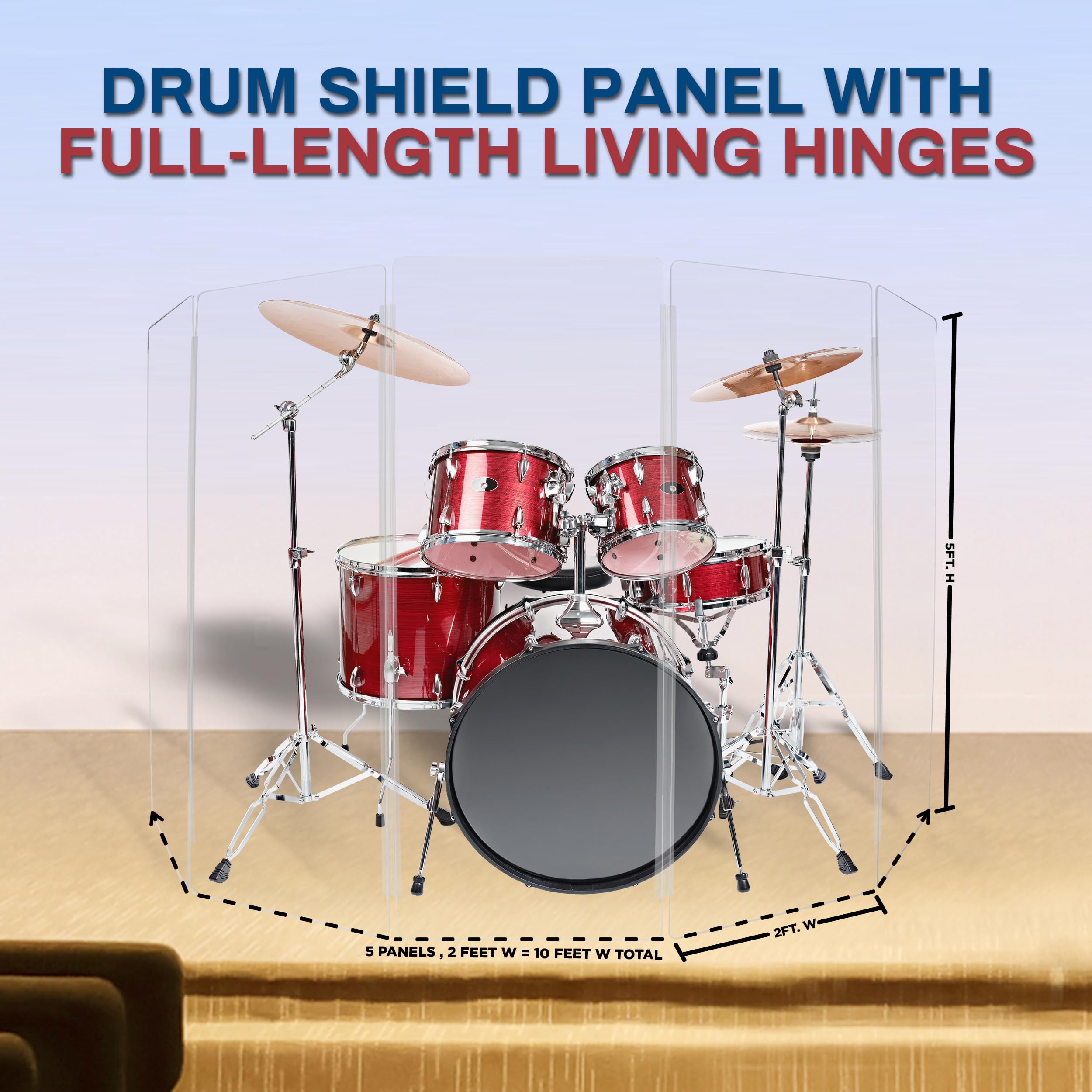 PENNZONI Drum Shield 5ft w/Living Hinges, Comes w/ 5 Drum Panels & Living Hinges, Premium Clear Acrylic Panels, Drum Screen