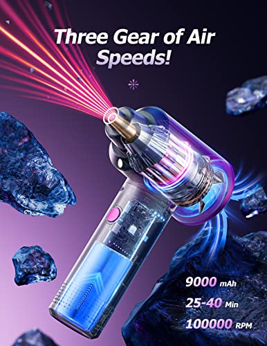 Evaline Compressed air Duster - 3 Gear Adjustable 100000RPM Electric with LED Light, Cordless Blower for Computer Keyboard Car Cleaning Kit 9000mAh Rechargeable Dust Remover, Black