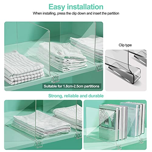 kingdalux 4Pack Acrylic Shelf Dividers for Closets Organization, Clear Shelve Divider for Purses Organizer and Clothes Storage Separators Shelves, for Bedroom,Kitchen, Cabinets, Bathroom, Office