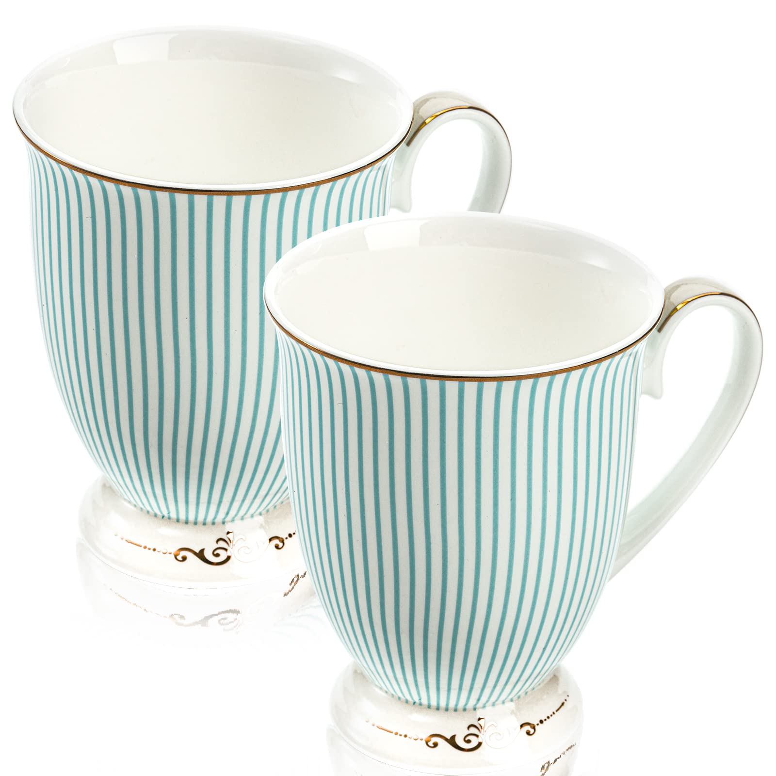Dicunoy 2 Pack Bone China Mugs, 11oz Fine China Coffee Tea Cups with Gold Trim, Thin Vintage Cup with Pedestal for Valentine's Day, Mother's Day, Birthday, Anniversary, Christmas Gift