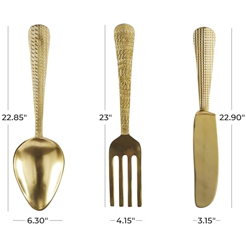 Deco 79 Aluminum Metal Utensils Home Wall Decor Knife, Spoon and Fork Wall Sculpture, Set of 3 Wall Art 4" W, 23" H, Gold