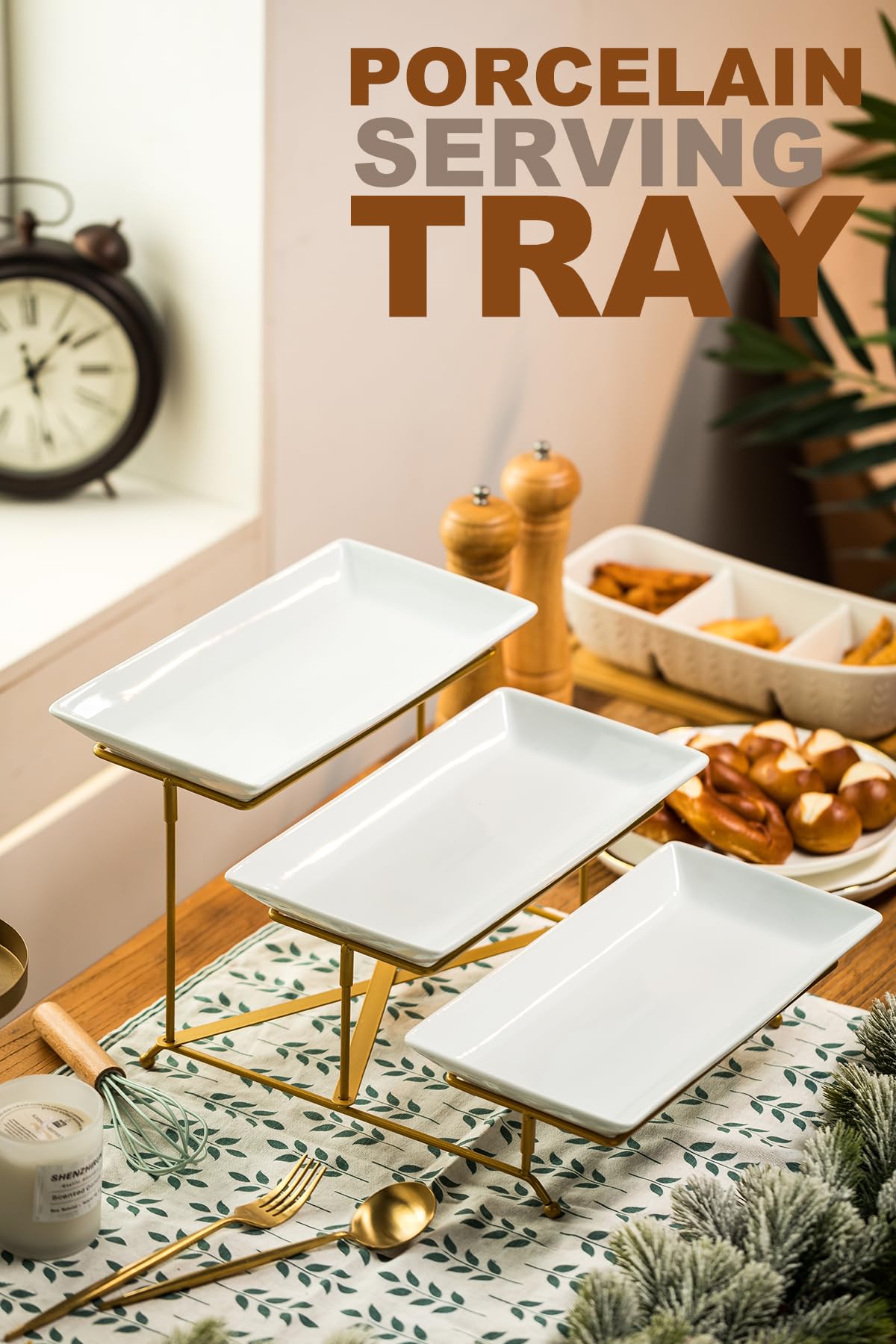 LAUCHUH 3 Tier Serving Stand Porcelain Serving Platter Tier Serving Trays with Collapsible Sturdier Rack, Serving Dishes and Platters for Thanksgiving, Christmas, Entertaining, Gold, 12 Inch
