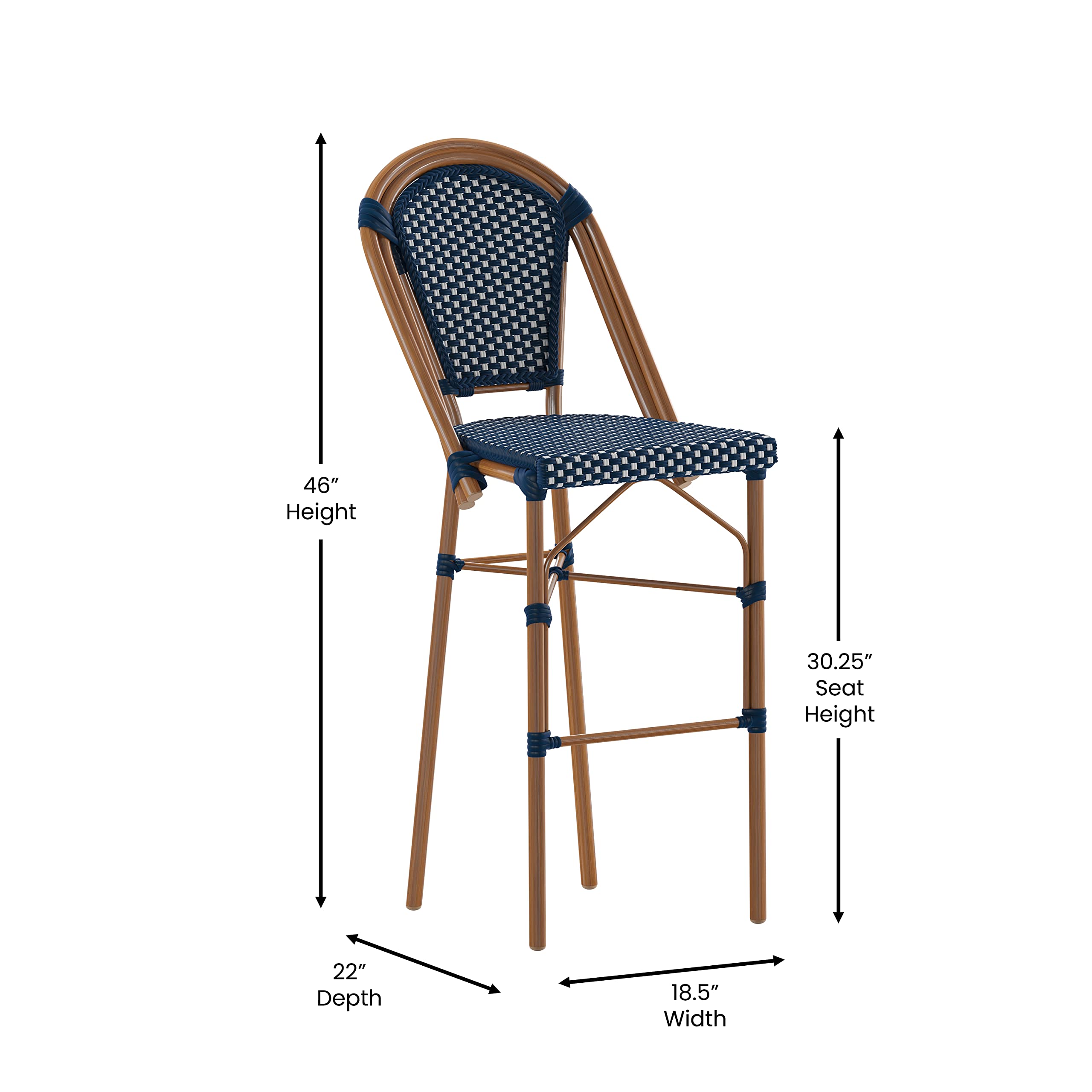 EMMA + OLIVER Soie Bistro Bar Stool - Stacking Indoor/Outdoor PE Rattan Bar Stool with Bamboo Finish Frame - 30" High - Set of Two - Navy/White